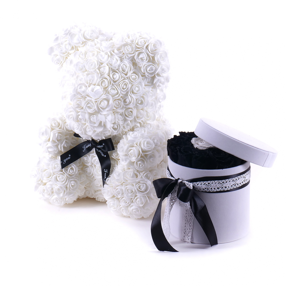 Darčekový set Macko z ruží a In eterno box čierne ruže | KVETY.sk